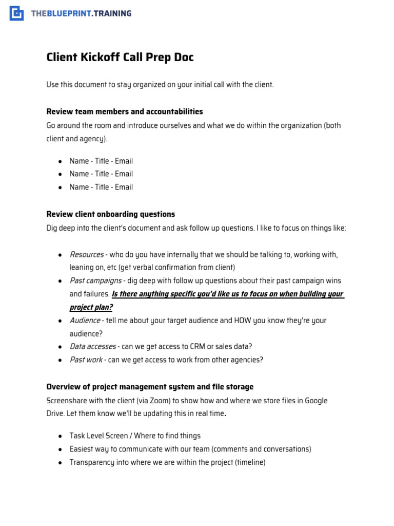 Client Kickoff Call Prep Doc: Review Team Members and Accountabilities ...