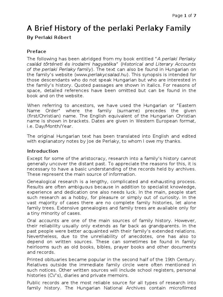 History of the Perlaky Family | PDF | Heraldry | Genealogy