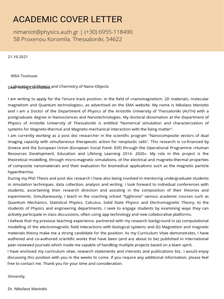 Academic Cover Letter for Tenure Track Position | PDF | Physics ...