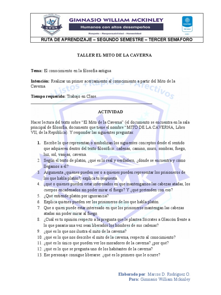 Taller El Mito de La Caverna | PDF | Platón | Conocimiento