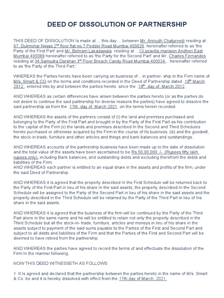 Deed of Dissolution of Partnership | PDF | Partnership | Taxes