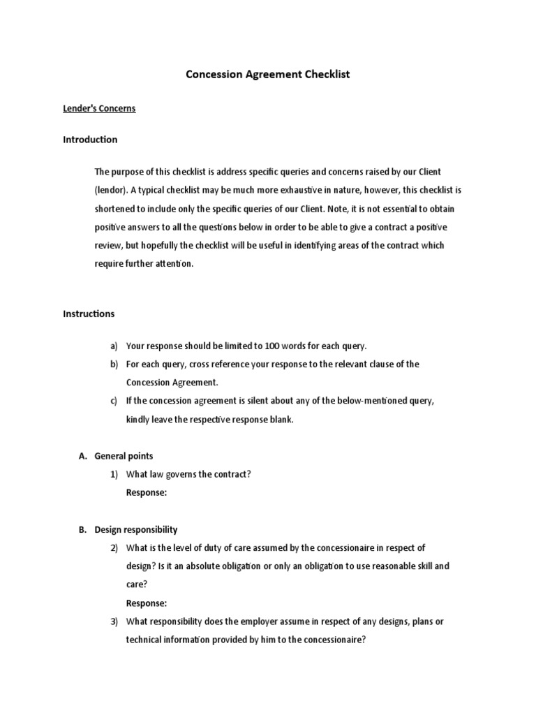 Concession Agreement Review Checklist | PDF | Guarantee | Breach Of ...