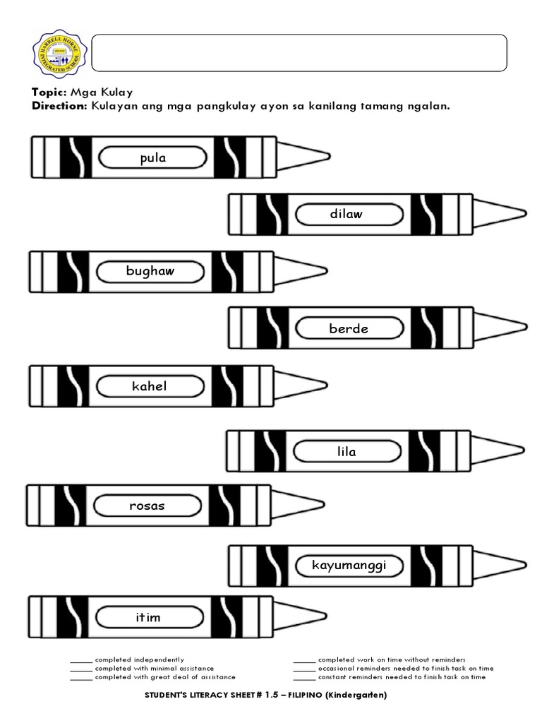 Topic: Mga Kulay Direction: Kulayan Ang Mga Pangkulay Ayon Sa Kanilang ...