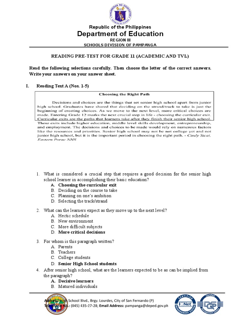 Grade 11 Reading Pre-Test Pampanga | PDF | Grit (Personality Trait ...