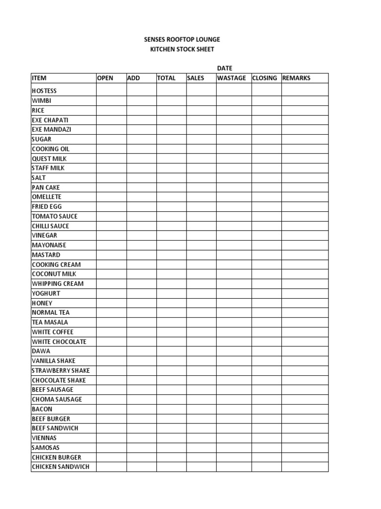 Kitchen Stock Sheet | PDF | Hamburgers | Salad