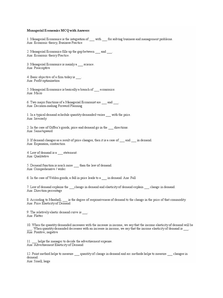 Managerial Economics MCQs and Answers | PDF | Demand | Price Elasticity ...