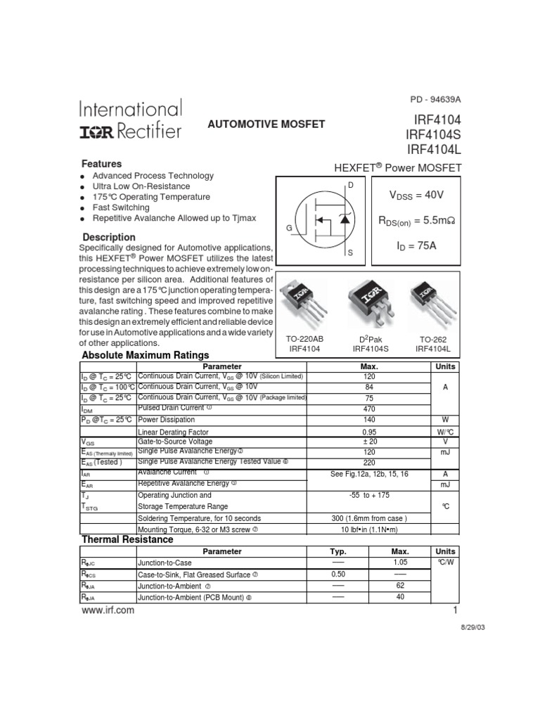 Irf 4104 | PDF | Field Effect Transistor | Mosfet