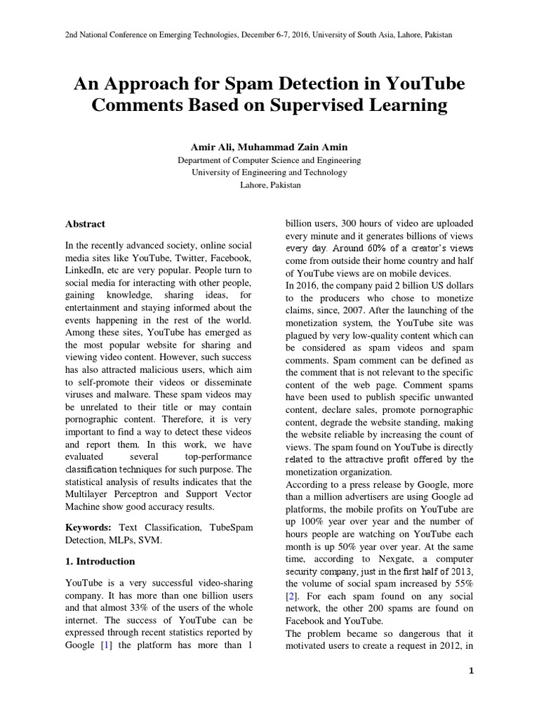 An Approach For Spam Detection in Youtube Comments Based On Supervised Learning | PDF ...