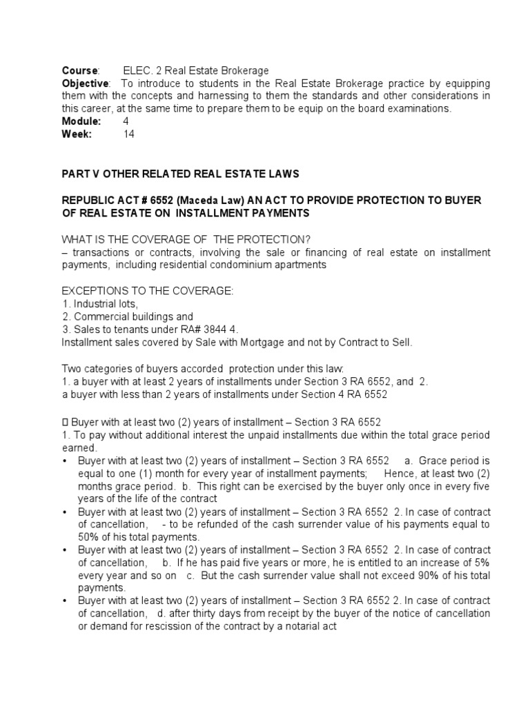Ra 6552 Maceda Law | PDF | Real Estate Broker | Economies