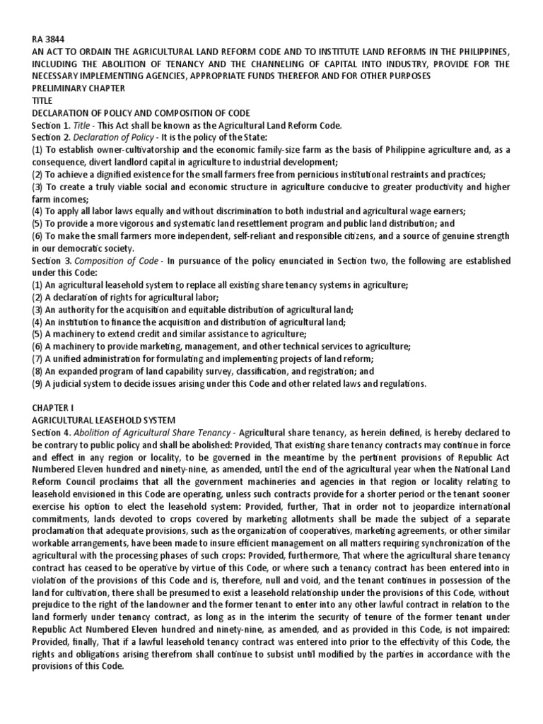 Ra 3844 The Agricultural Land Reform | PDF | Lease | Leasehold Estate
