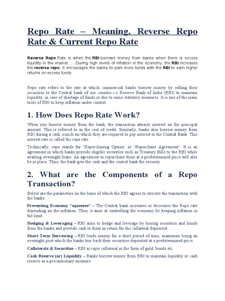 Repo Rate - Meaning, Reverse Repo Rate & Current Repo Rate | PDF ...