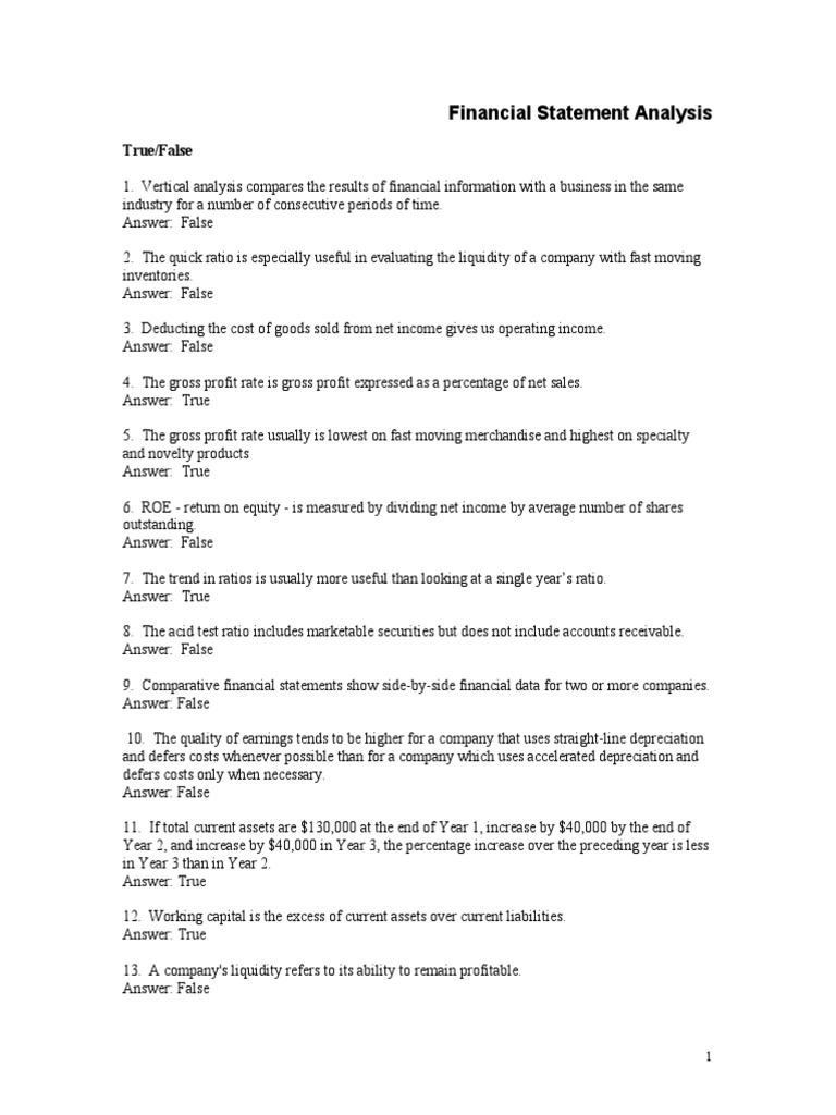 Analysis of Key Financial Ratios Revealed in a True/False Financial ...