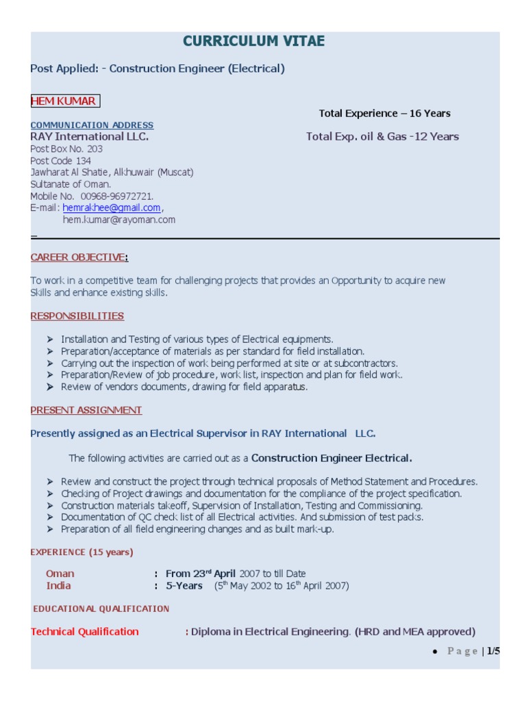 Curriculum Vitae: Hem Kumar | Download Free PDF | Electrical Wiring | Engineering