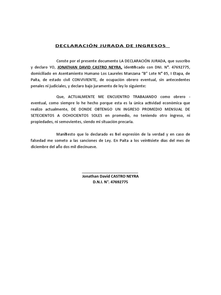 Declaración jurada de ingresos mensuales de Jonathan David Castro Neyra | PDF