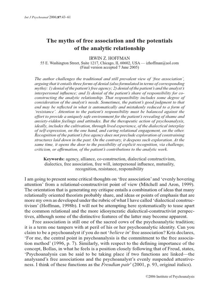 Hoffman - The Myths of Free Association | PDF | Psychoanalysis | Free Will