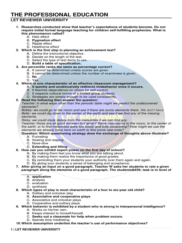 LET Professional Education Reviewer | PDF | Id | Teachers