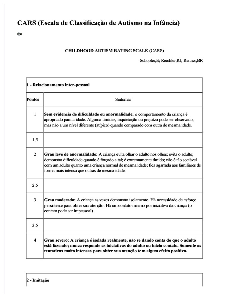 Cars Escala de Classificaao de Autismo Na Infancia | PDF | Autismo ...