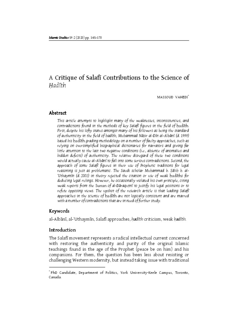 A Critique of Salafi Contributions To TH | PDF | Hadith | Salafi Movement