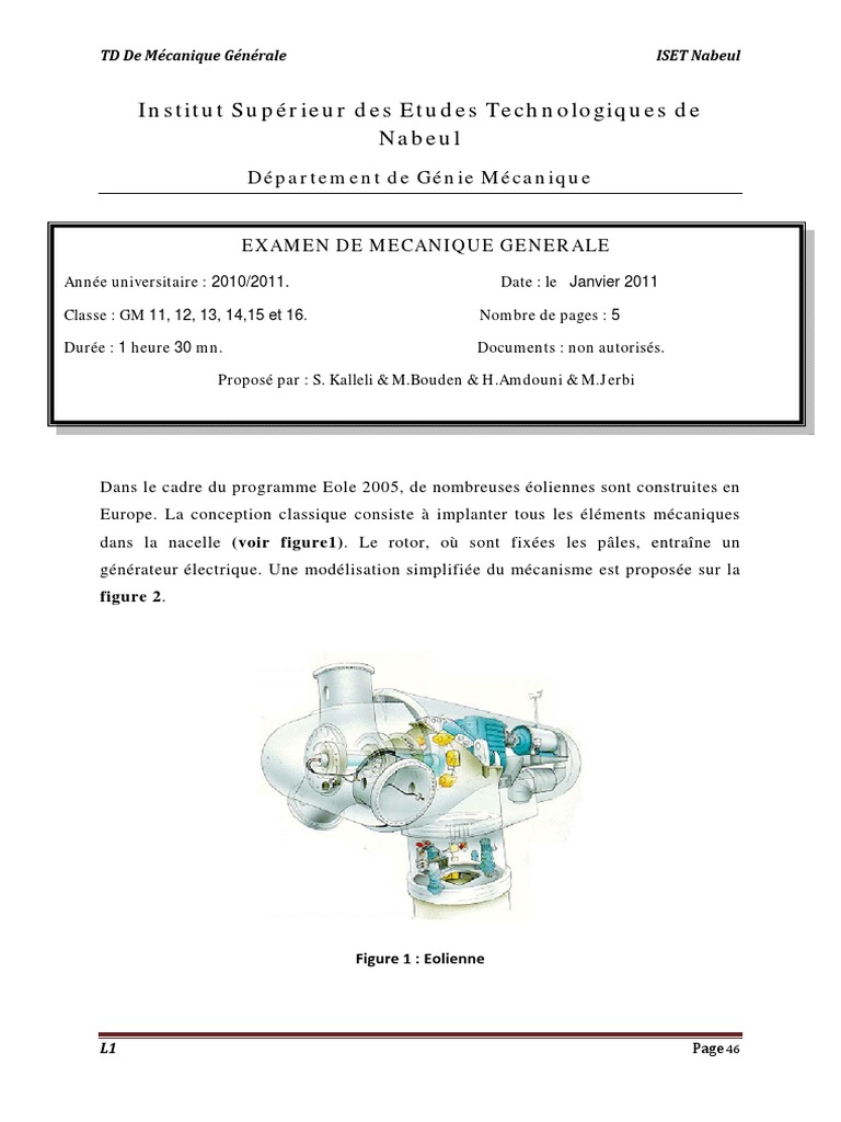 Examen Mcanique Gnrale 1GM Iset Nabeul Janvier 2011 | PDF | Mécanique ...
