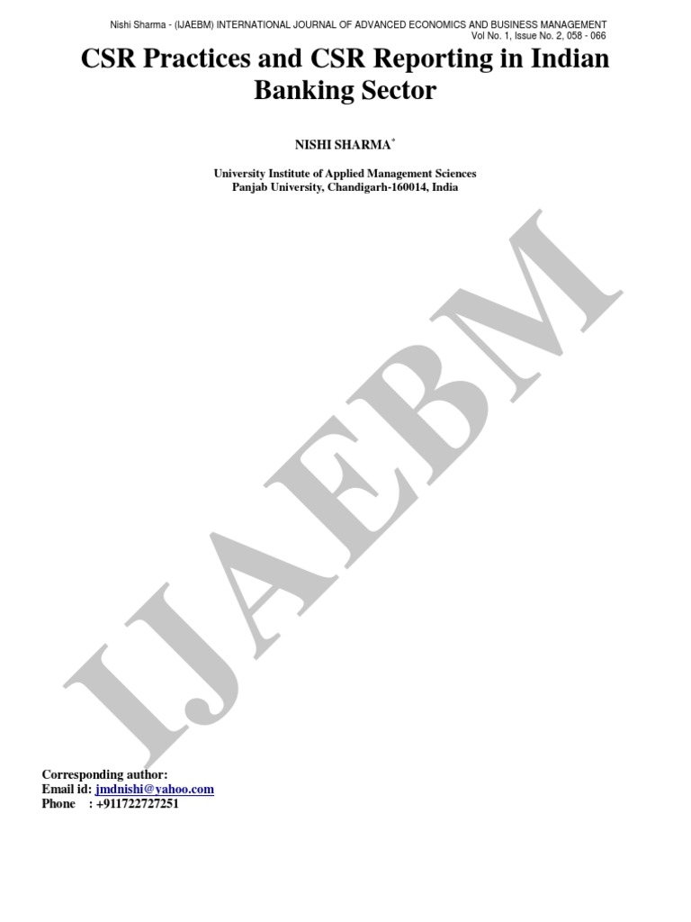 1 IJAEBM Volume No 1 Issue No 2 CSR Practices and CSR Reporting in Indian Banking Sector 058 066 ...
