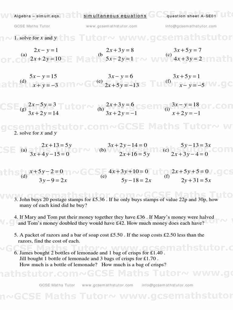 Solutions to a Series of Simultaneous Equations Problems and Word ...