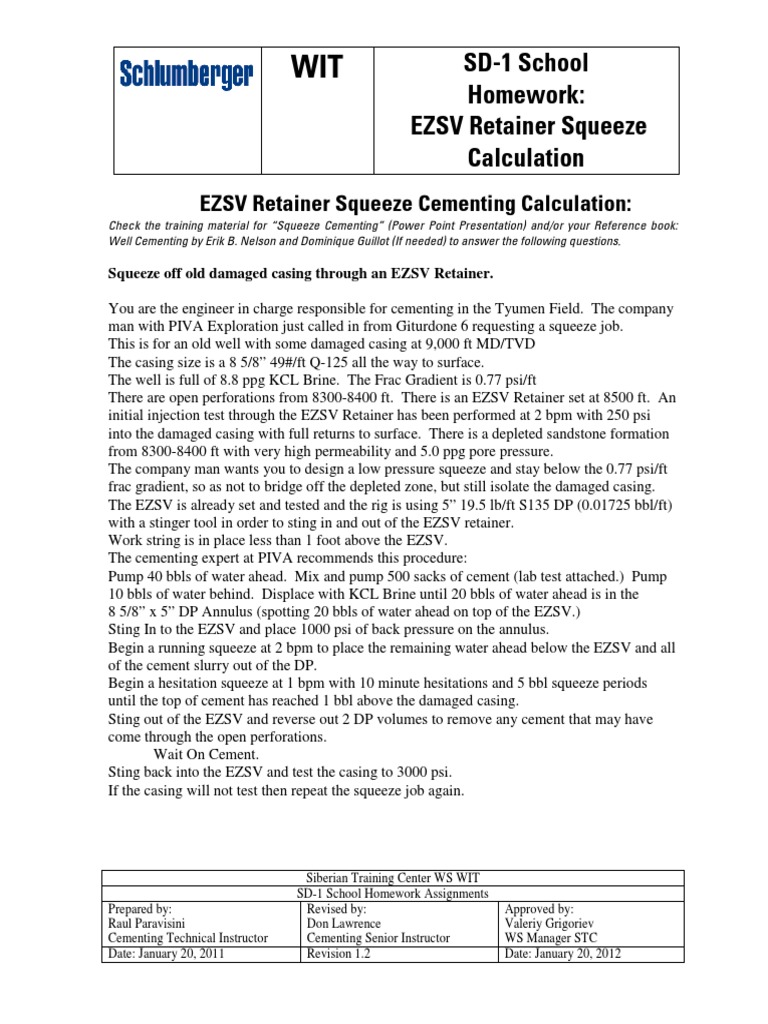 EZSV Retainer Squeeze Cementing Guide | PDF | Casing (Borehole) | Pressure