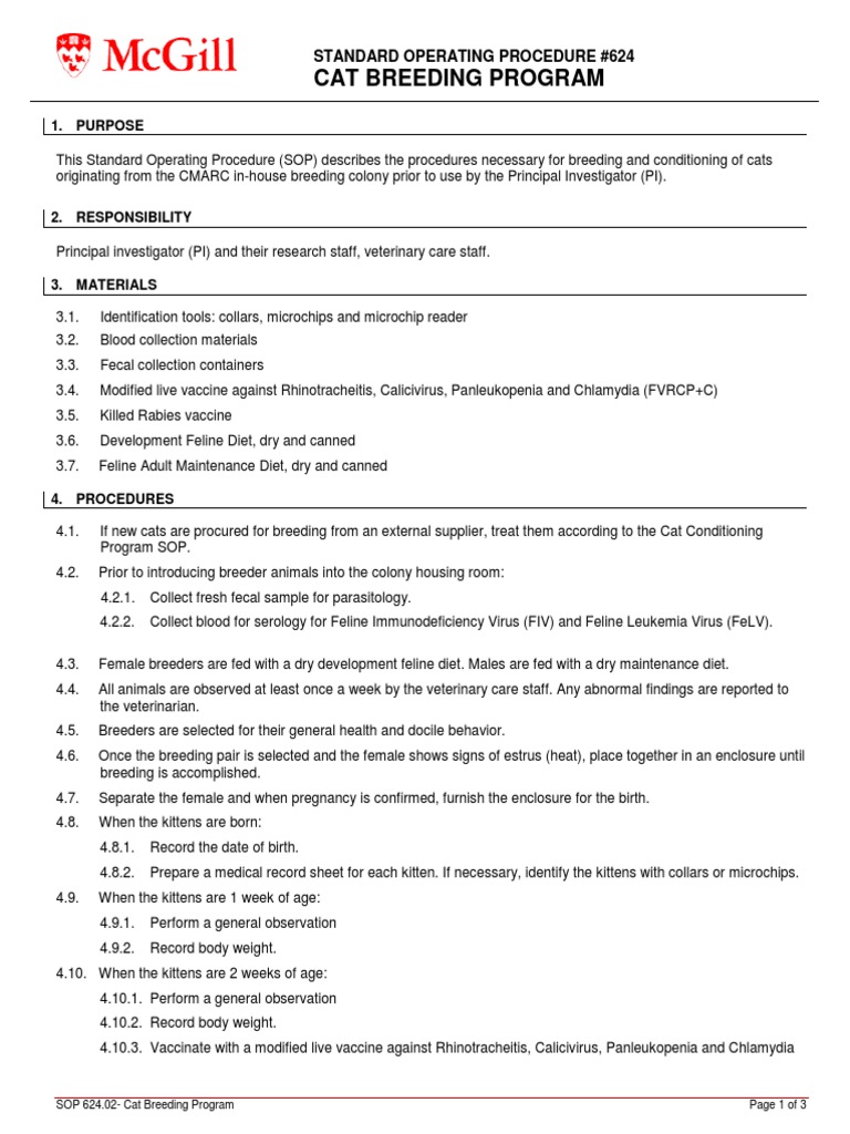 Cat Breeding Program: Standard Operating Procedure #624 | PDF | Kitten ...