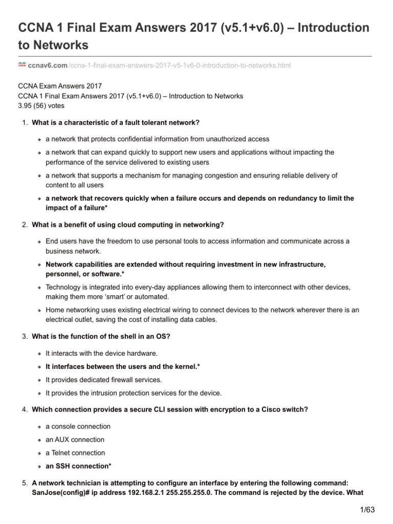 CCNA 1 Final Exam Answers 2017 v51v60 Introduction To Networks | PDF ...