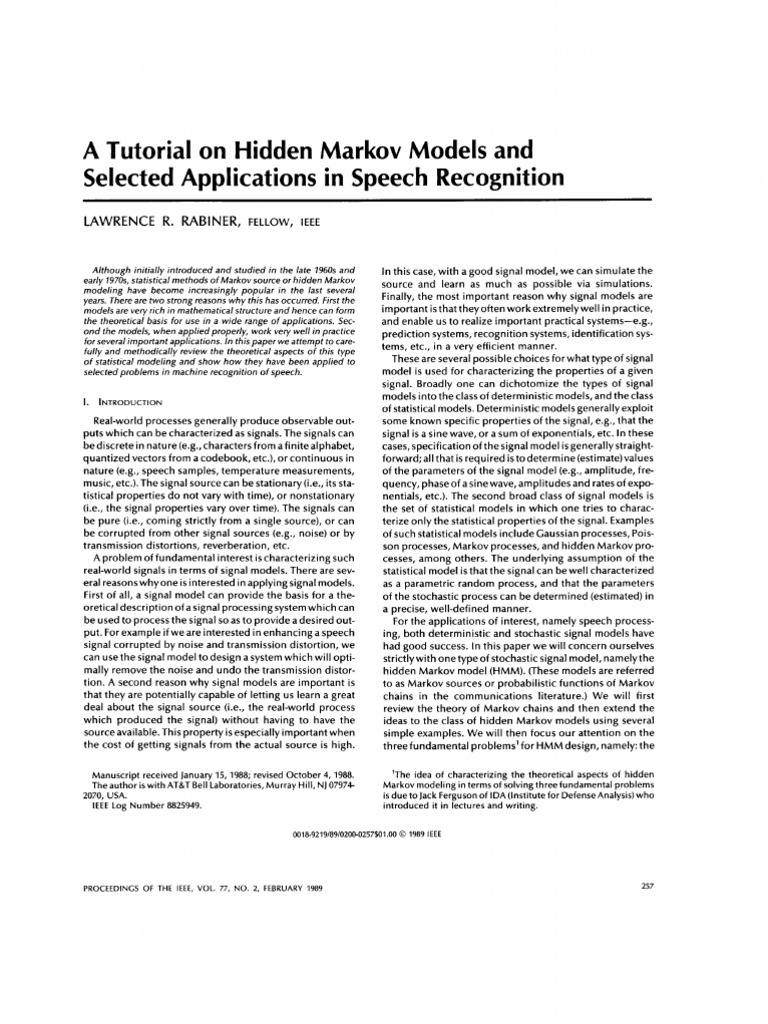 A Tutorial On Hidden Markov Models and Selected Applications in Speech ...