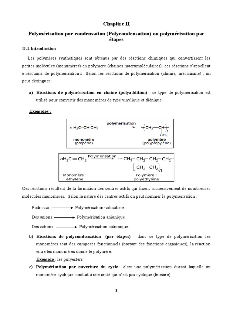 Chapitre 1 de Synthèse (Polycondensation | PDF | Polyester | Catalyse