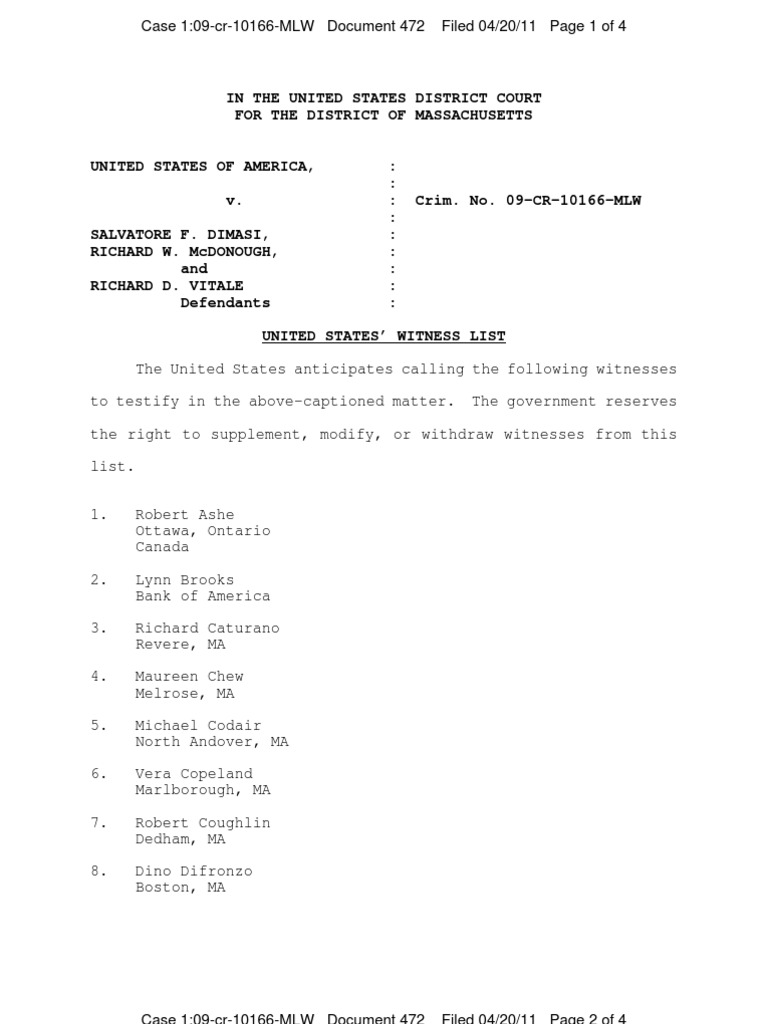 Prosecution Witness List For DiMasi Trial | PDF | Massachusetts ...