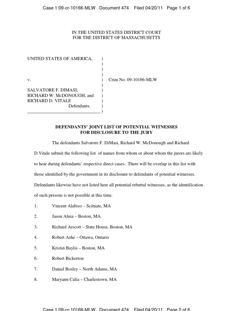 Defendant's Potential Witness List In DiMasi Trial | Massachusetts ...