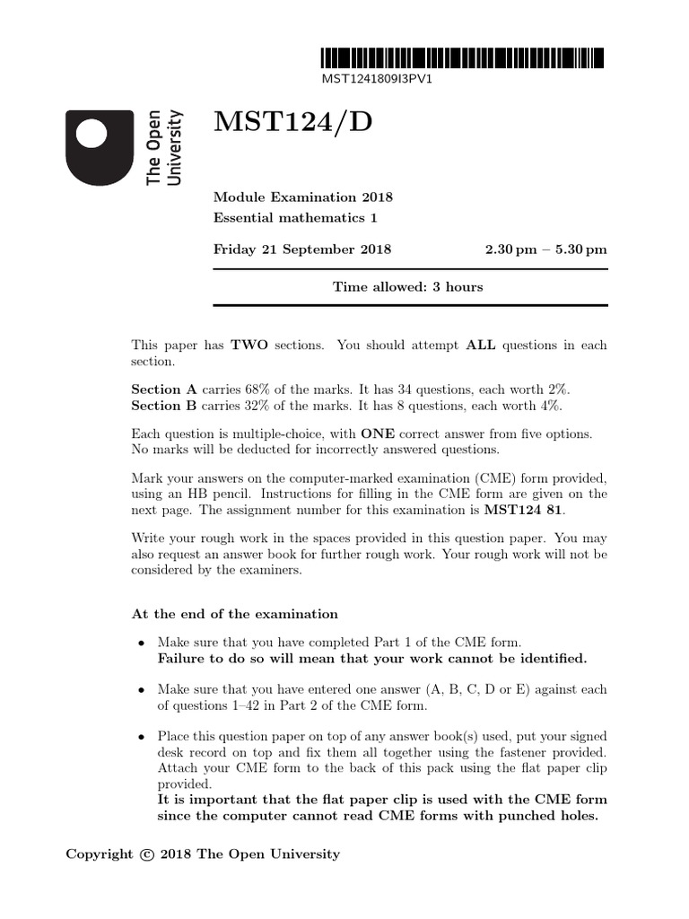 MST124 Exam (2018) | PDF | Mathematical Concepts | Linear Algebra