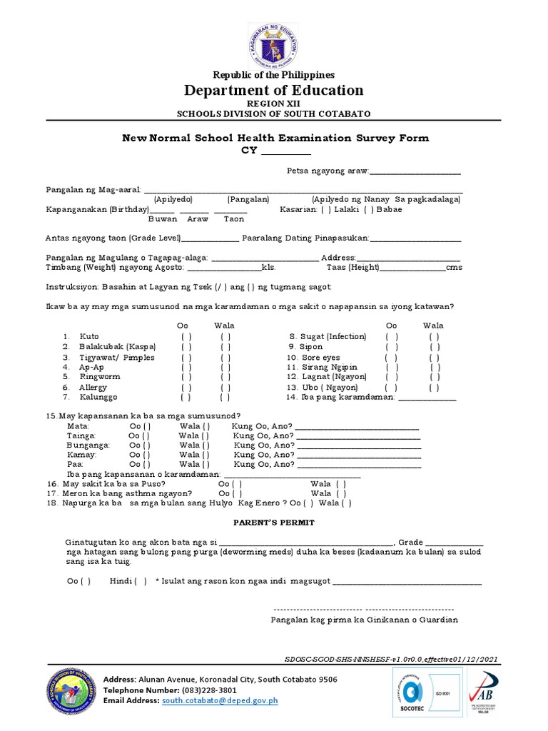 New Normal School Health Examination Survey Form | PDF
