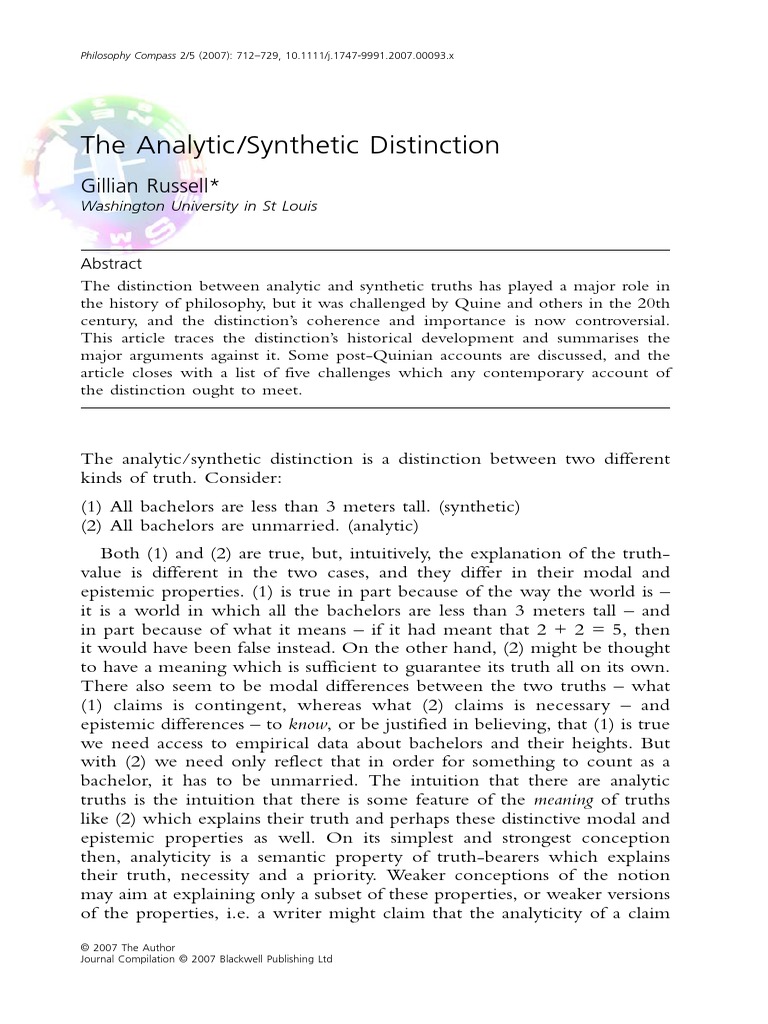 The Analytic:Synthetic Distinction | PDF | Truth | Logic