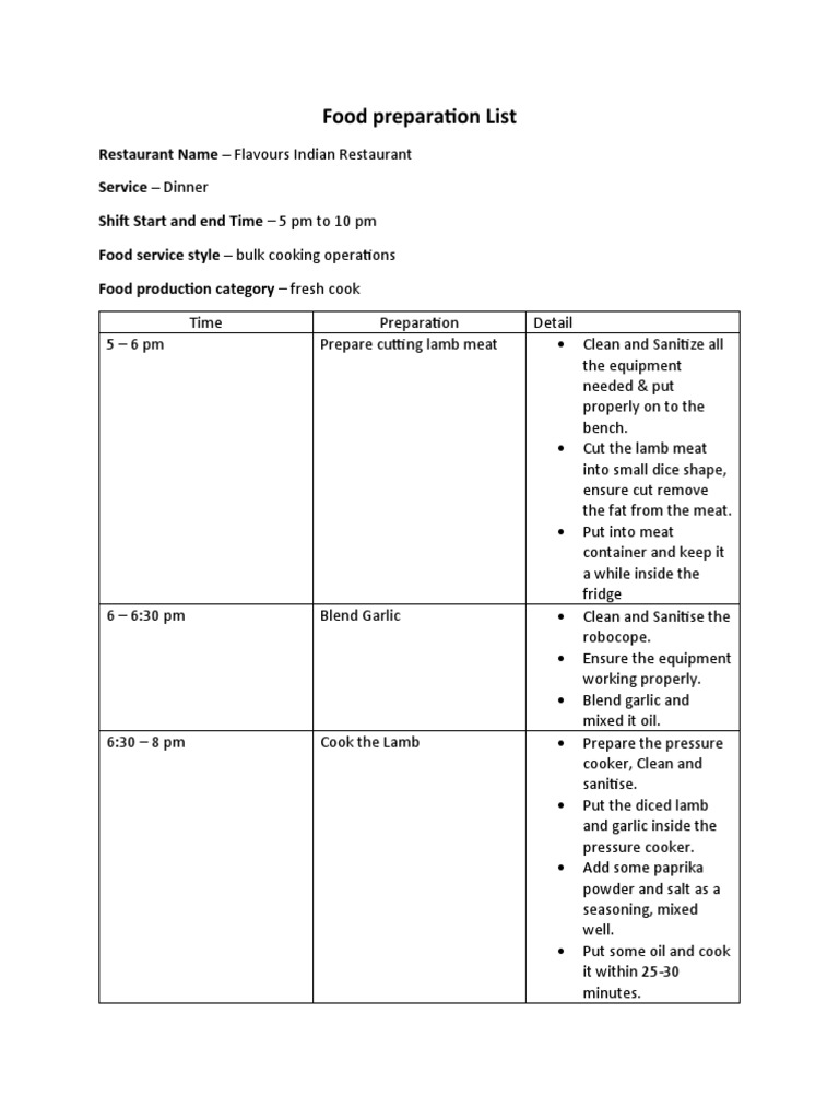 Food Preparation List - Dinner | PDF | Foods | Cooking