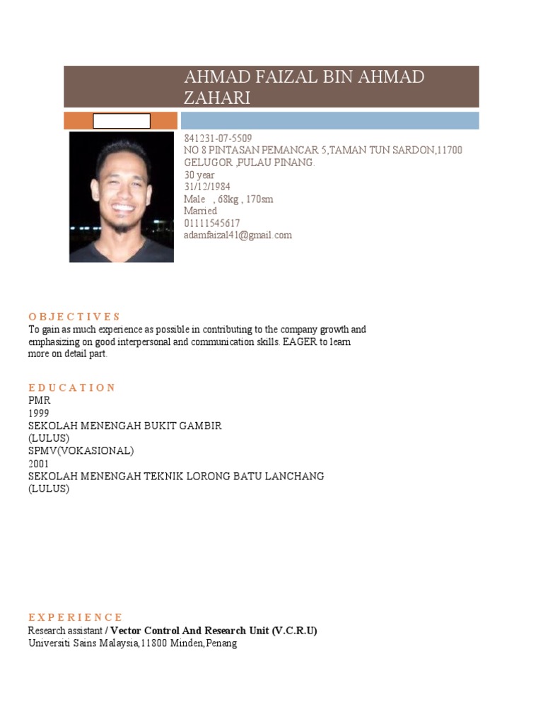 Ahmad Faizal Bin Ahmad Zahari (Resume) | Download Free PDF | Insecticide | Mosquito