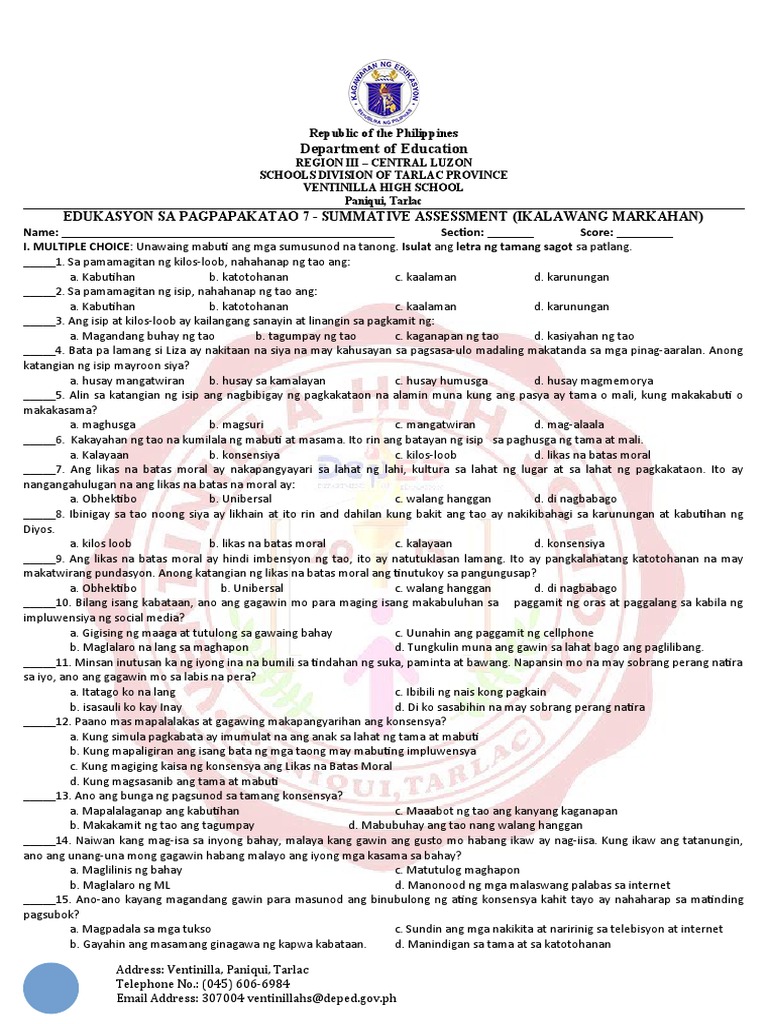 Summative Assessment Esp 7 Q2 | PDF