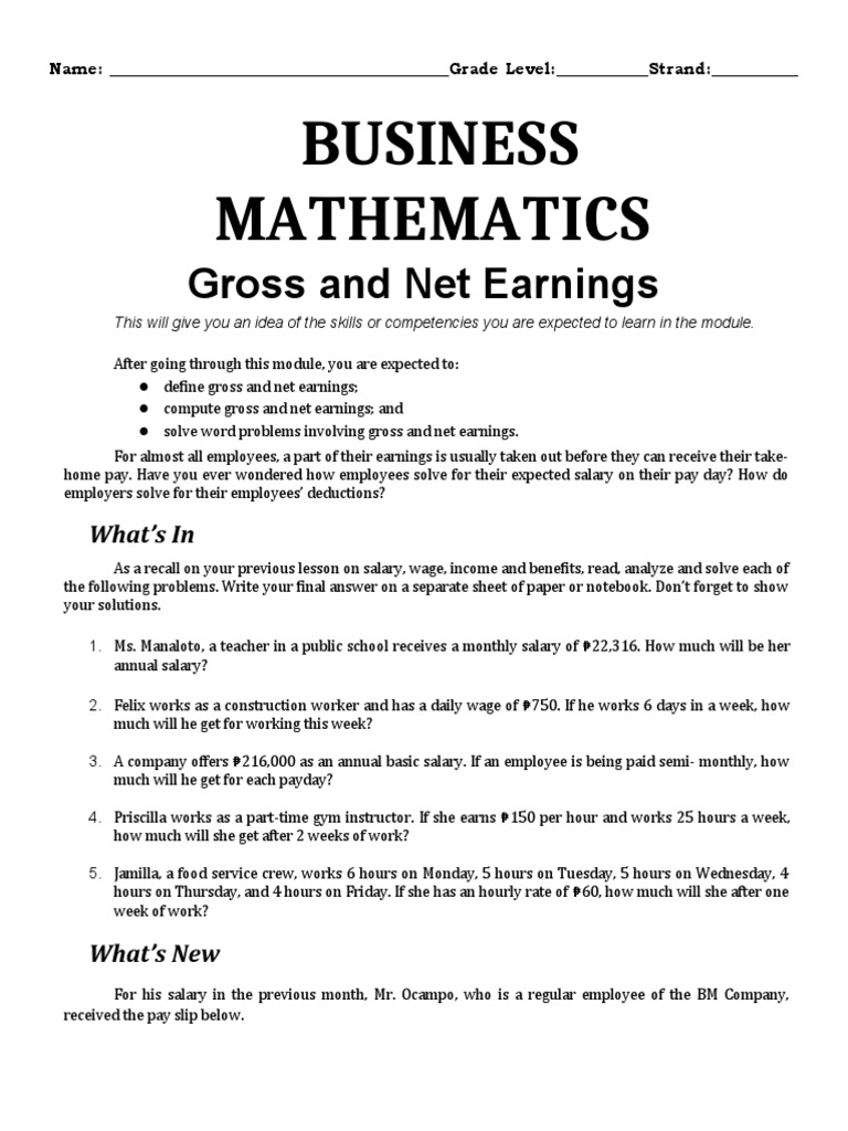 Business Mathematics Gross and Net Earnings | PDF | Salary | Tax Deduction