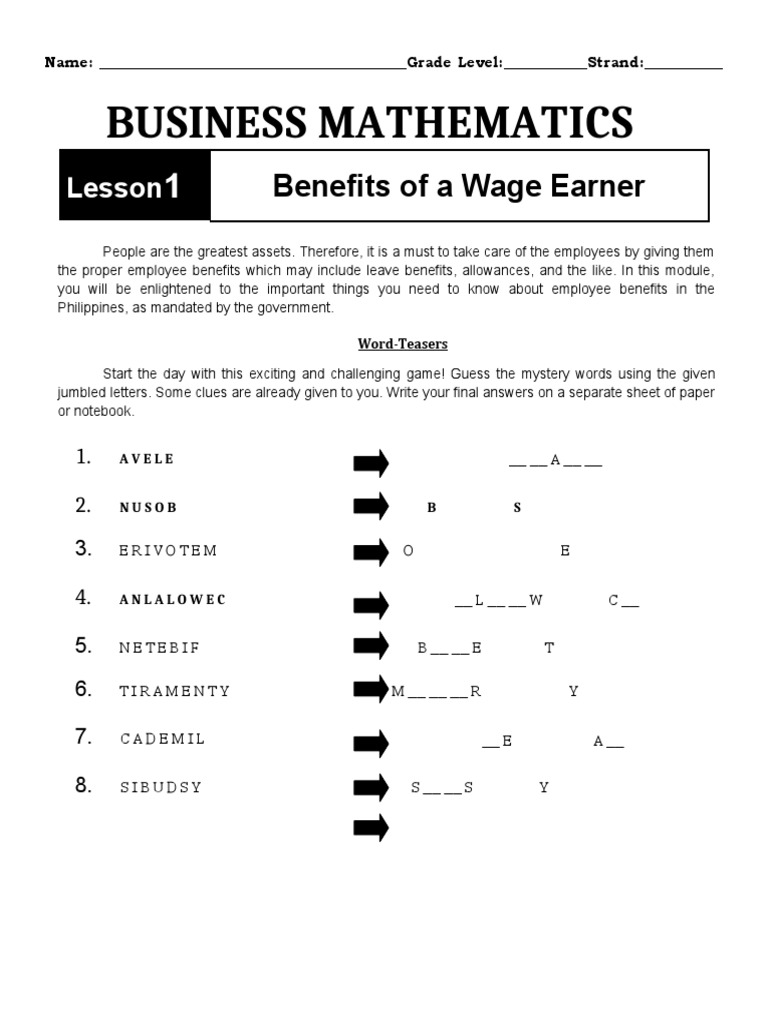 Business Mathematics Benefits of Wage Earners | PDF | Employment | Salary