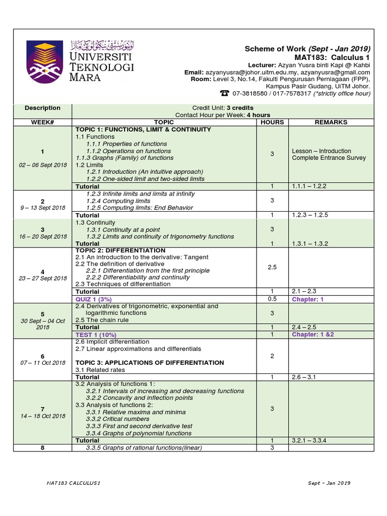 MAT183 Calculus 1 Scheme of Work | PDF | Integral | Function (Mathematics)