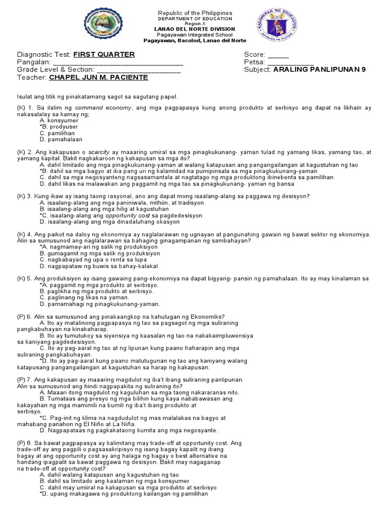 Diagnostic Test First Quarter | PDF