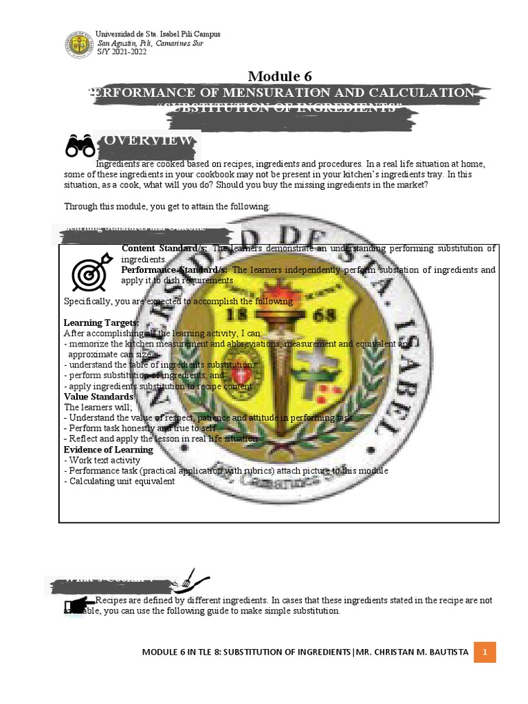 Tle8 Module 6 Substitution of Ingredients | PDF | Onion | Butter