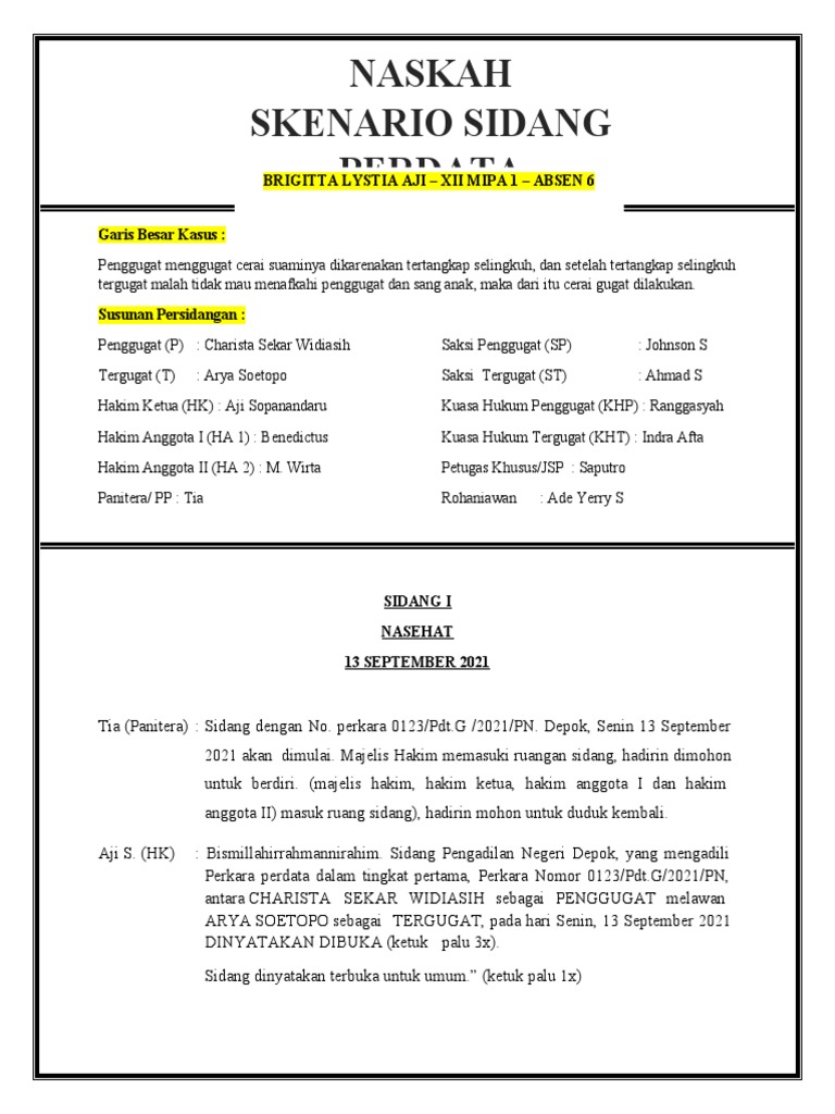 Naskah Skenario Sidang Perdata - BRIGITTA LYSTIA AJI XII MIPA 1 | PDF