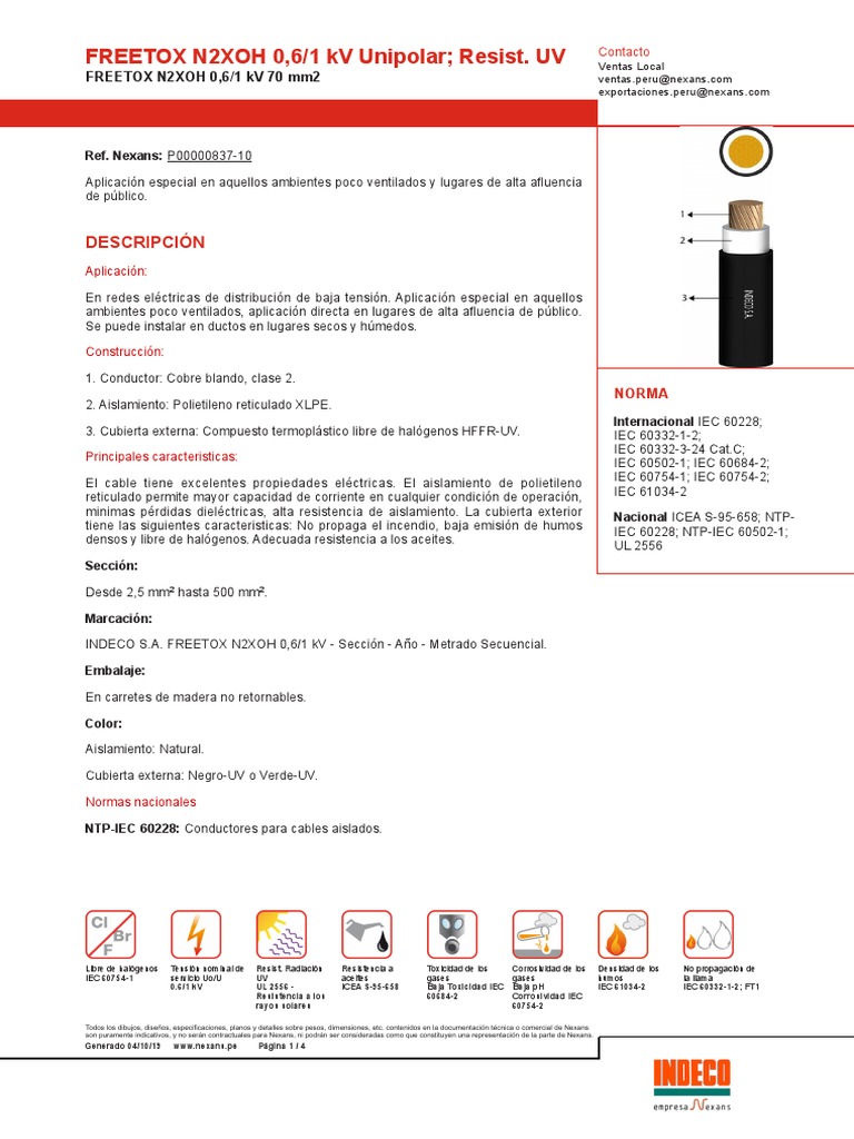Cable Indeco - 70 MM2 - NH-80 450-750 V | PDF | Aislador (Electricidad ...