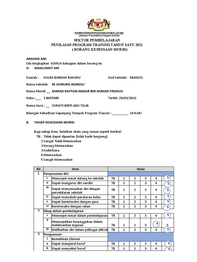 Excel Borang Kesediaan Murid 2021 SK Gunung Bongsu | PDF | Karier & Perkembangan