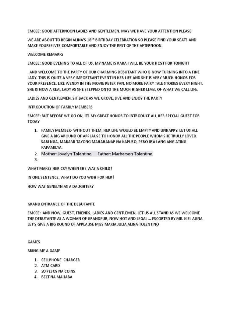 Maria Julia Alina Tolentino Host Script | PDF