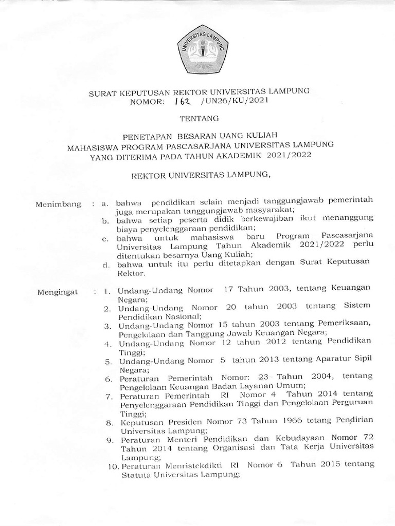 SK Rektor Besaran Uang Kuliah TA 20212022 | PDF