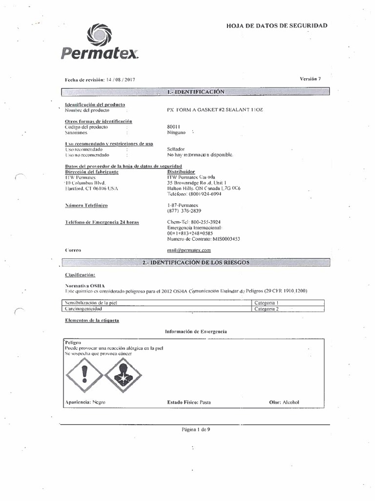294 MSDS - PX Form A Gasket # 2 Sealant 110 Z | PDF
