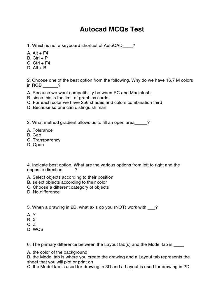 Autocad Mcqs Test Unique Civil | PDF | Auto Cad | Control Key